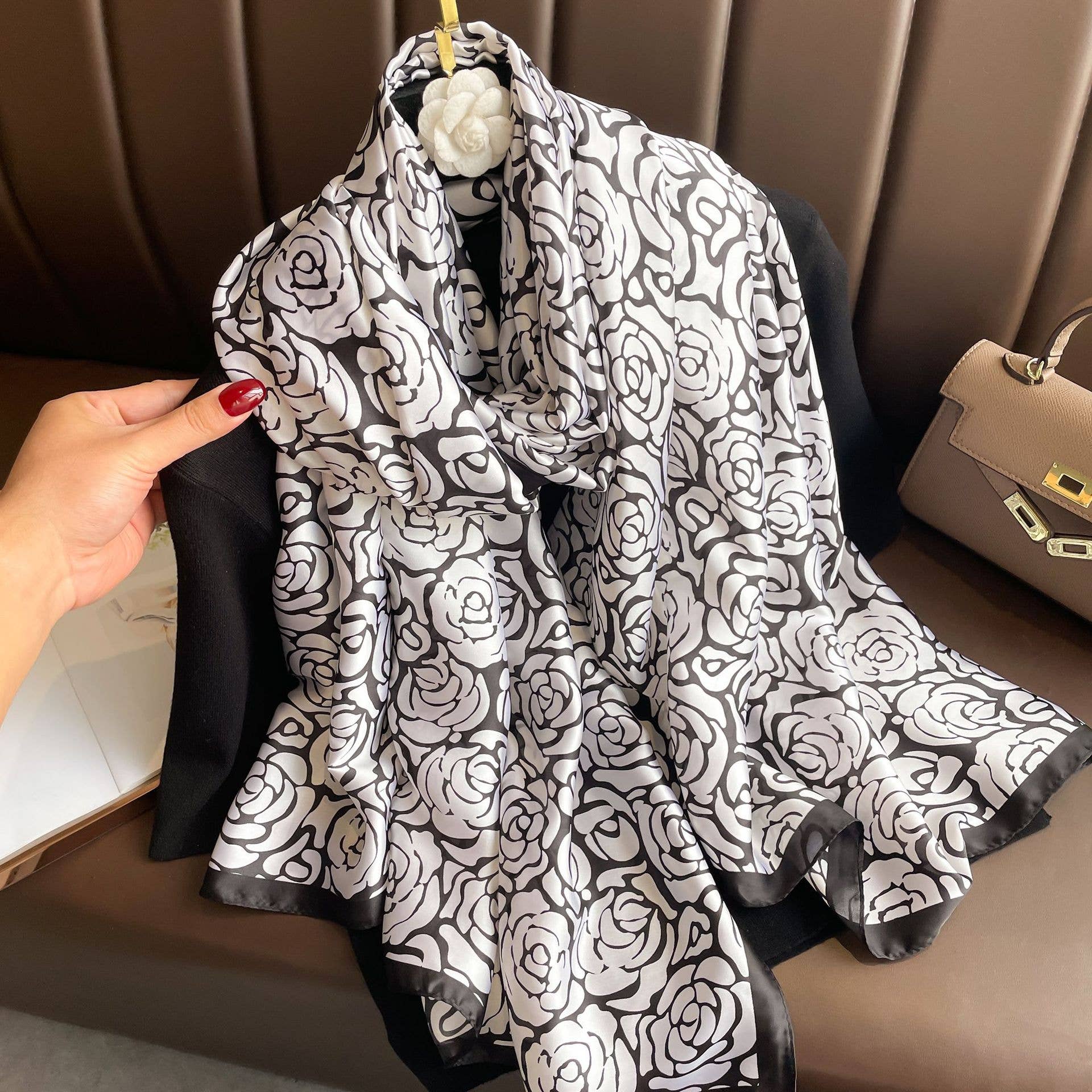 Classic Rose Motif Satin Scarf in White – Confetti and Cloth Boutique